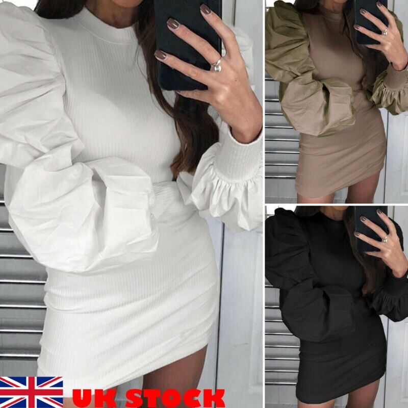 Women Long Puff Sleeve Ribbed Knit Jumper Mini Dre... – Vicedeal