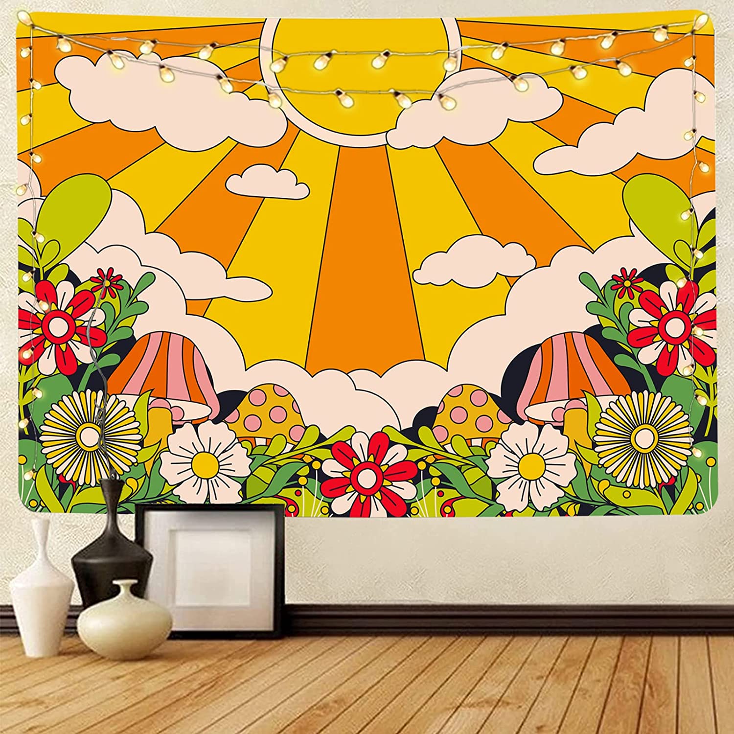 Boho sun and mushroom floral abstract art hippie b... – Grandado