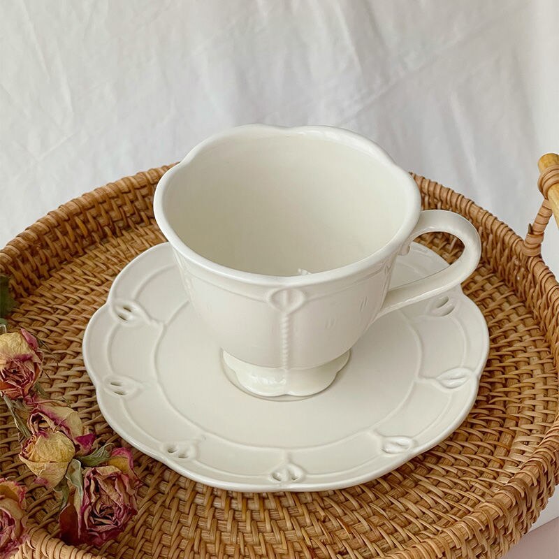 Hollow Embossed Ceramic Coffee Cup and Saucer Set ... – Grandado