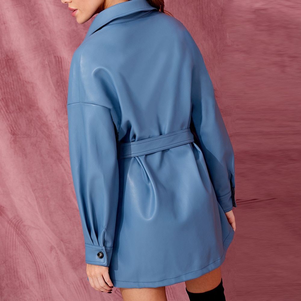 Women Slim Blue Print Faux Leather Trench Long Jac... – Grandado