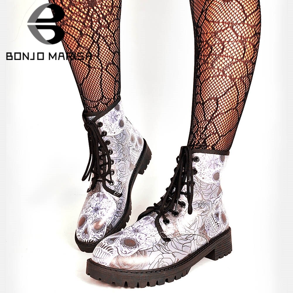 INS Female Skull Punk Motorcycle Boots Lace Up Rou... – Grandado