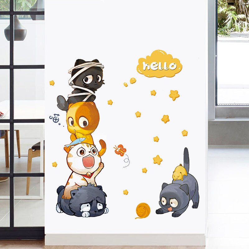 Cartoon Cat Wall Stickers Bedroom Wardrobe Door Ba... – Grandado
