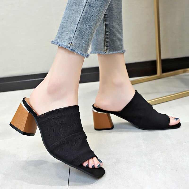 Thick High Heels Mesh Women Slippers Hoof Heels Sl... – Vicedeal