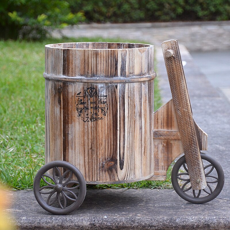 Three Wheels Vehicle Wood Flower Tub Natural Woode... – Grandado