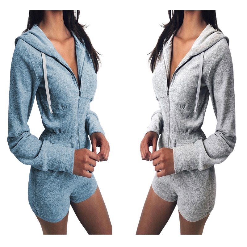 Women Long Sleeve Hooded Zip Up Playsuit Solid col... – Vicedeal