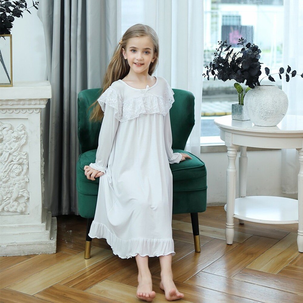Kids Girls Night Dress Long-Sleeved Modal Long Pri... – Grandado