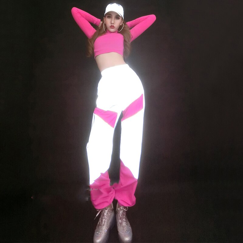 Hip Hop Costumes Lady Rose Red Reflective Pants Ja... – Grandado
