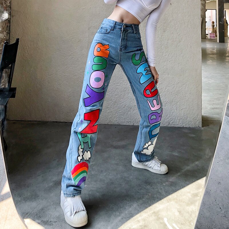 Funky Women Ladies Straight Jeans Colorful Letter ... – Vicedeal