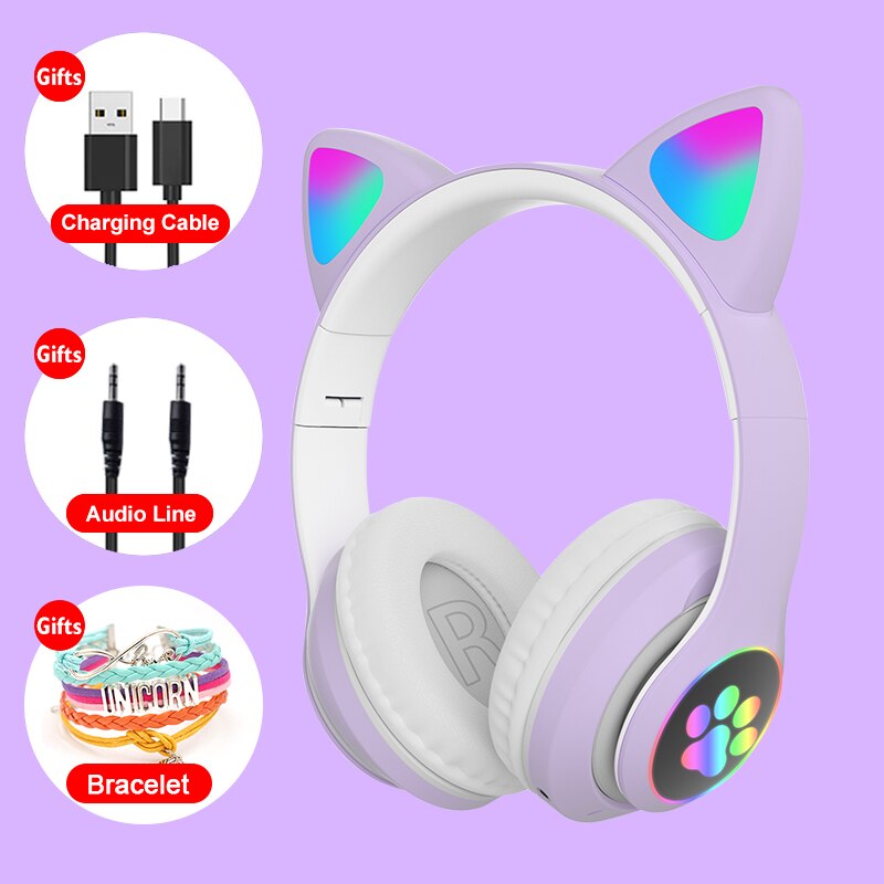 RGB Cat Ear Headphones Bluetooth 5.0 Bass Noise Ca... – Vicedeal