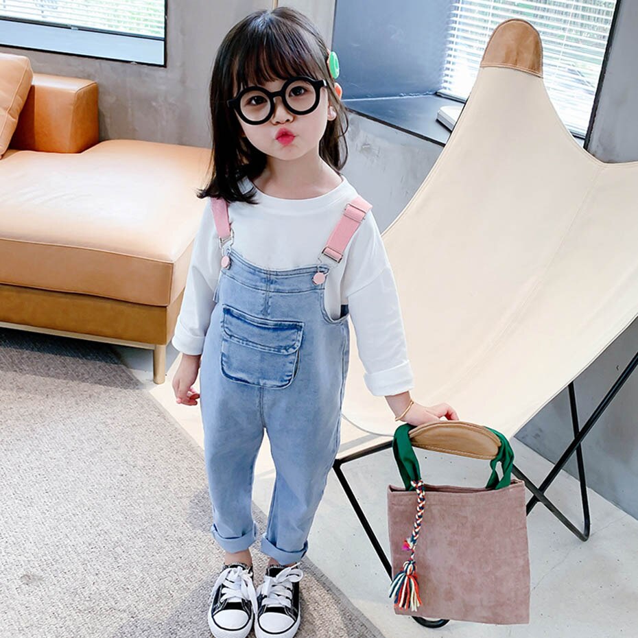 Girls Denim Overalls Jumpsuit Solid Color Denim Ov... – Grandado