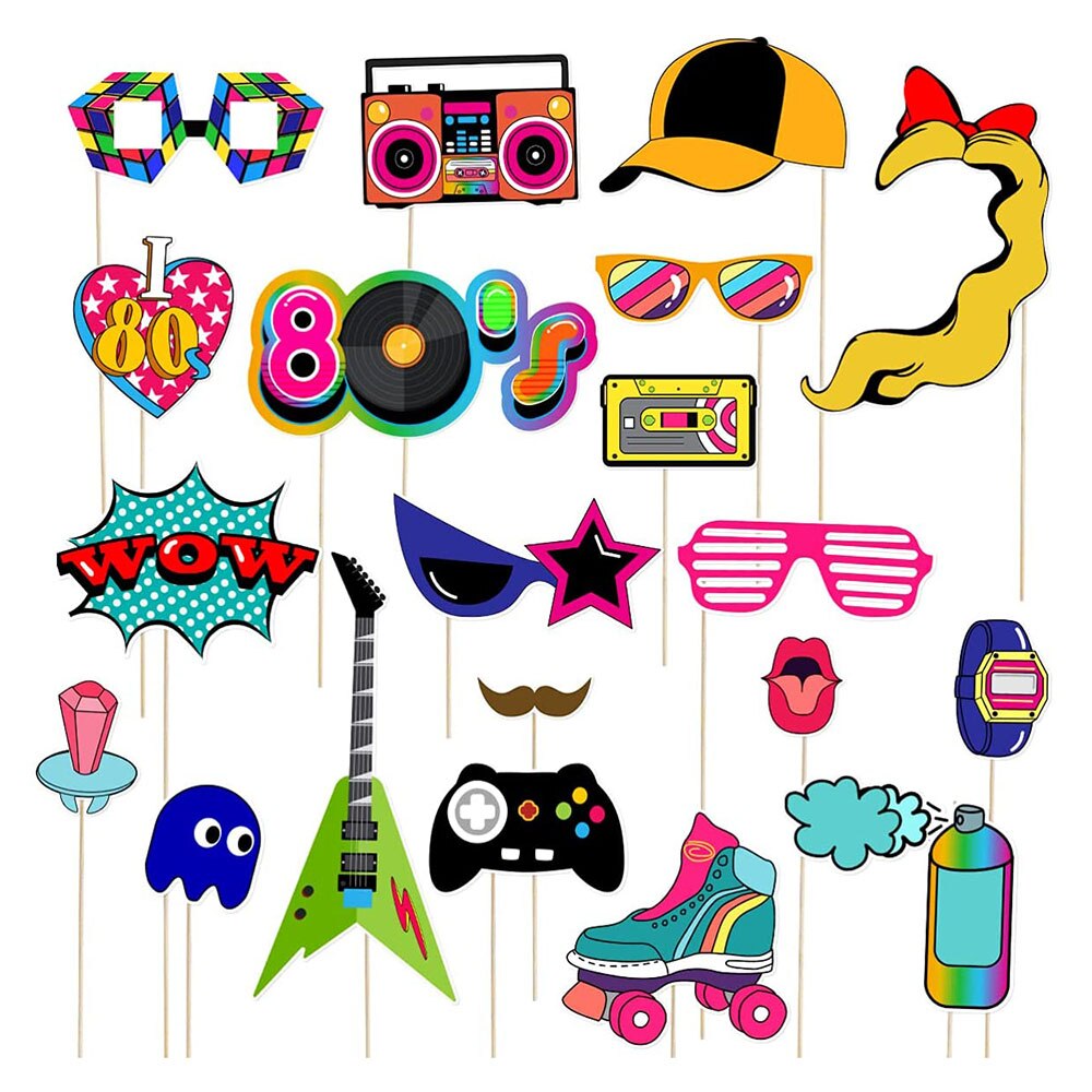 21pcs/set 80s Party Photo Booth Props with Wooden ... – Grandado