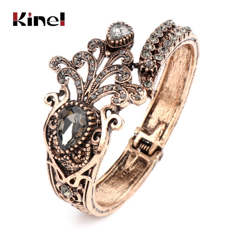 Kinel Vintage Gray Stone Flower Women Bangle Antiq... – Grandado