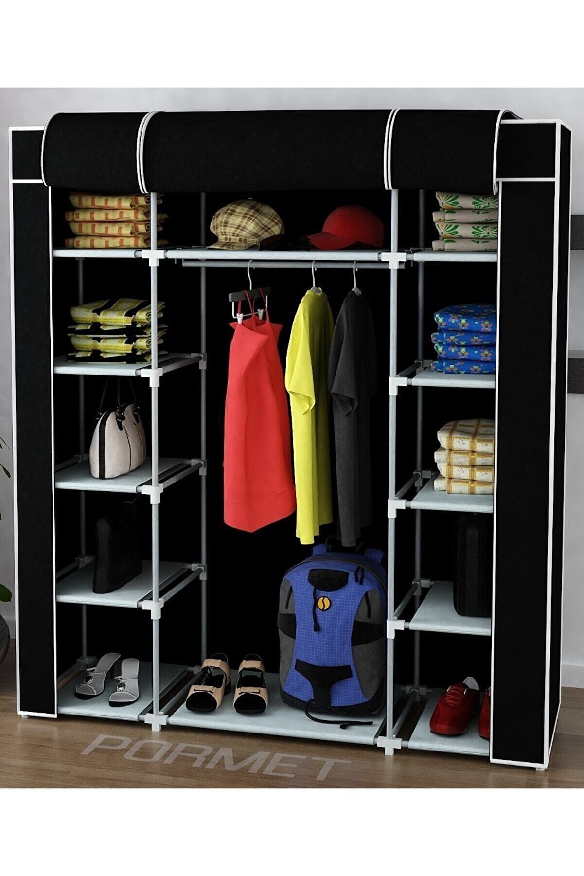 Armadio in tessuto nero con doppio ripiano lateral... – Grandado