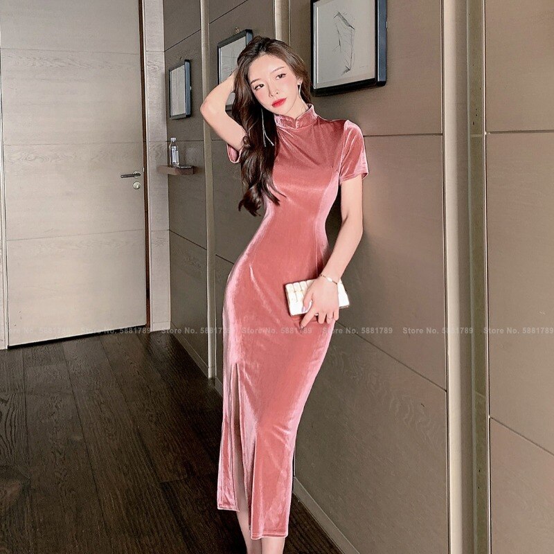 Lady Red Velvet Cheongsam Women Chinese Style Slim... – Vicedeal