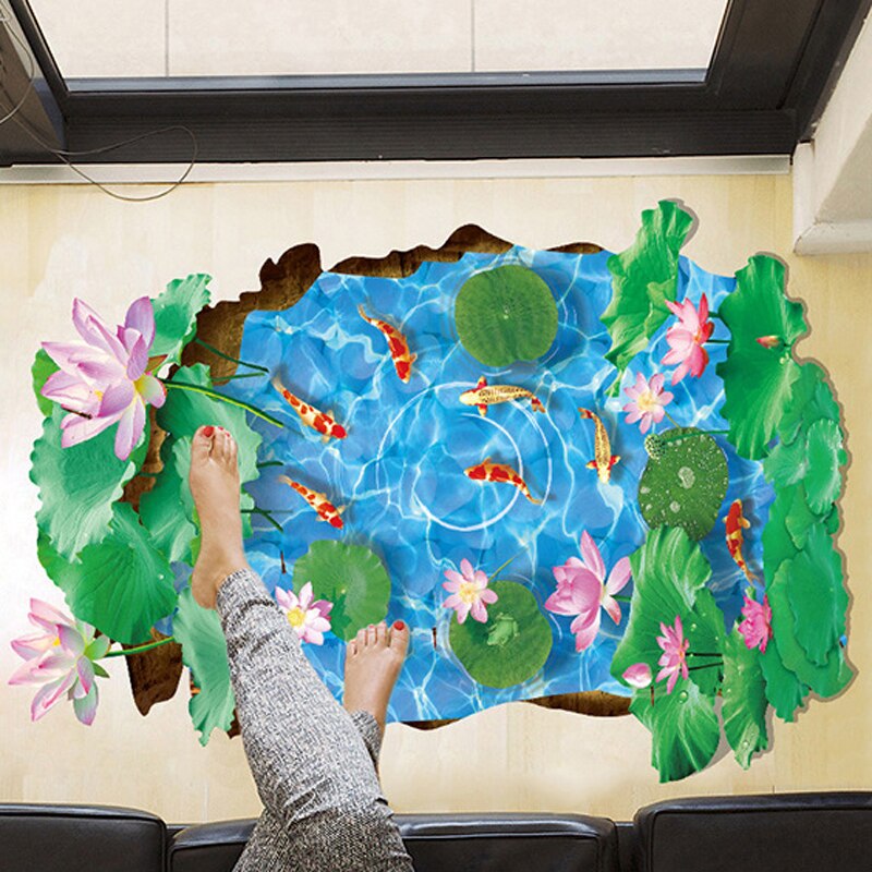3D Lotus Pond Fish Floor Stickers Waterproof Bathr... – Grandado