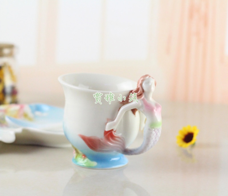 Mermaid Coffee Cup Colored Enamel Porcelain Bone C... – Vicedeal