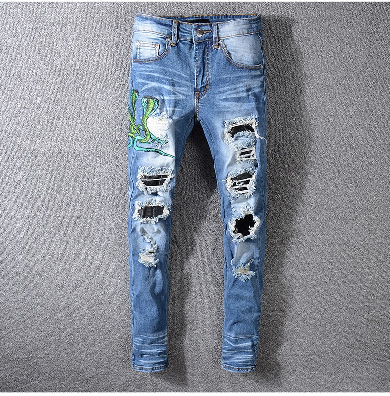 Men's male blue snake embroidery skinny jeans Stre... – Grandado