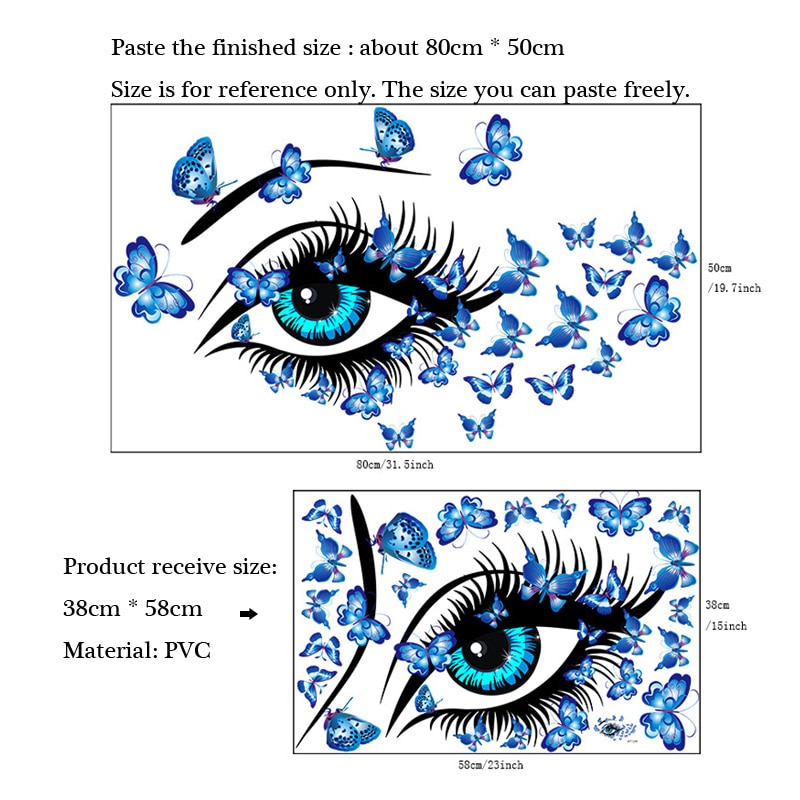 Blauwe schoonheid ogen en vlinders Muursticker woo... – Grandado