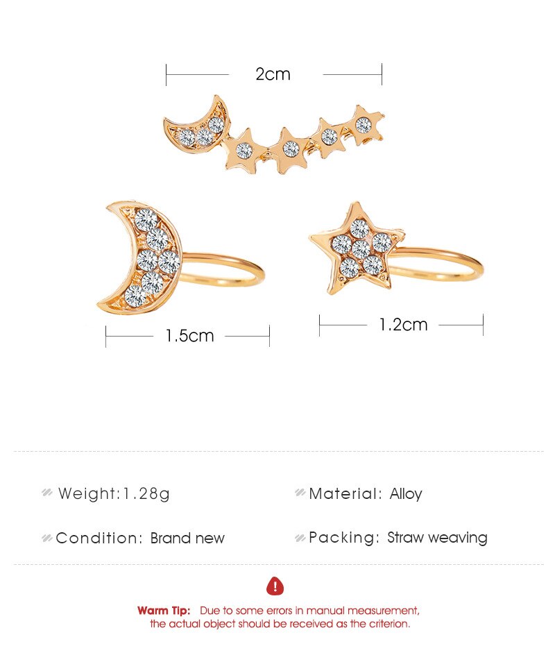 Stars and Moon Ear Cuff Set of 3 Full CZ Crystal G... – Grandado