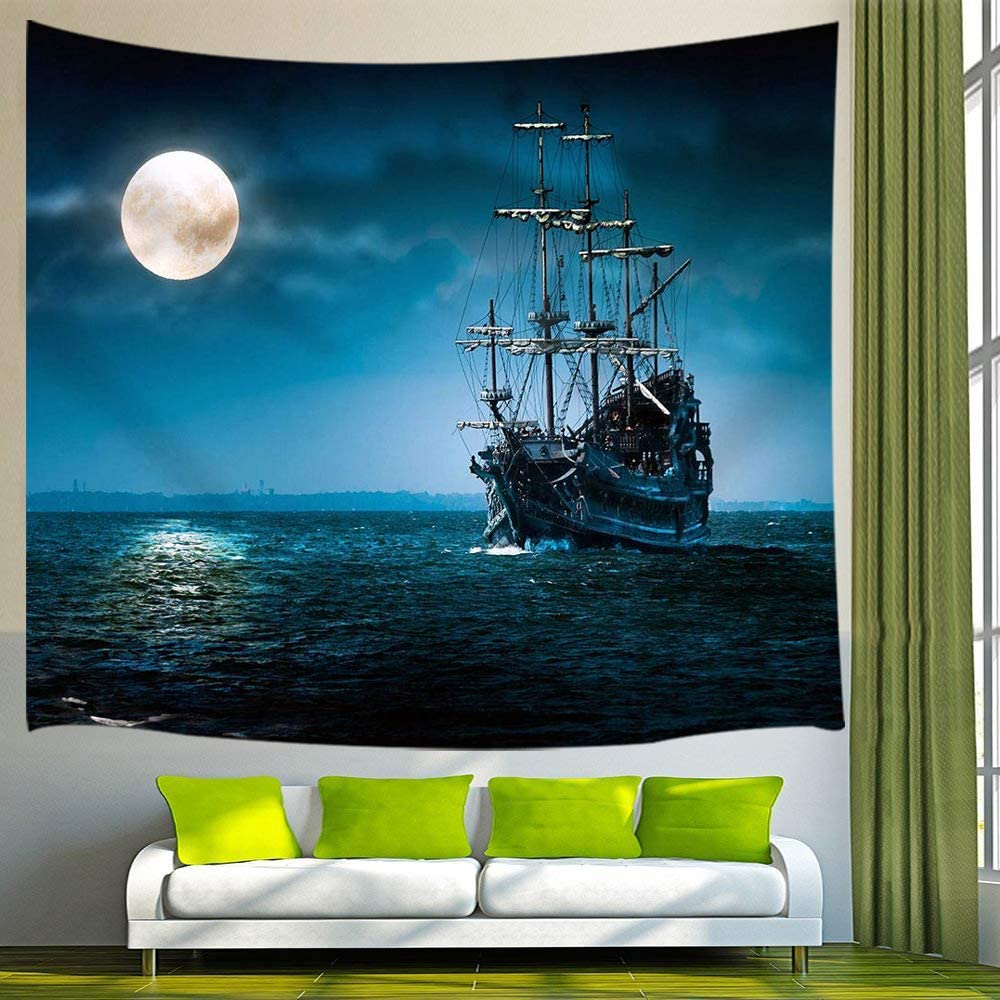 Gothic Decor Tapestry Pirate Ship and Full Moon wi... – Vicedeal
