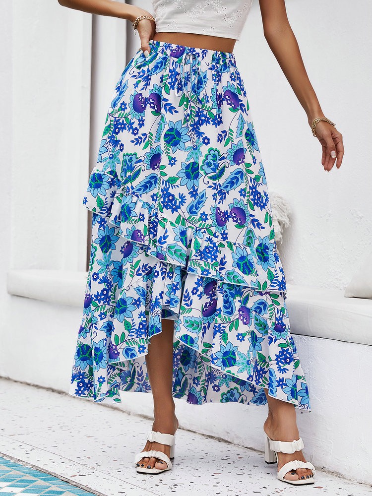 High Waist Floral Print Ruffle Hem Skirt Summer Pr... – Vicedeal