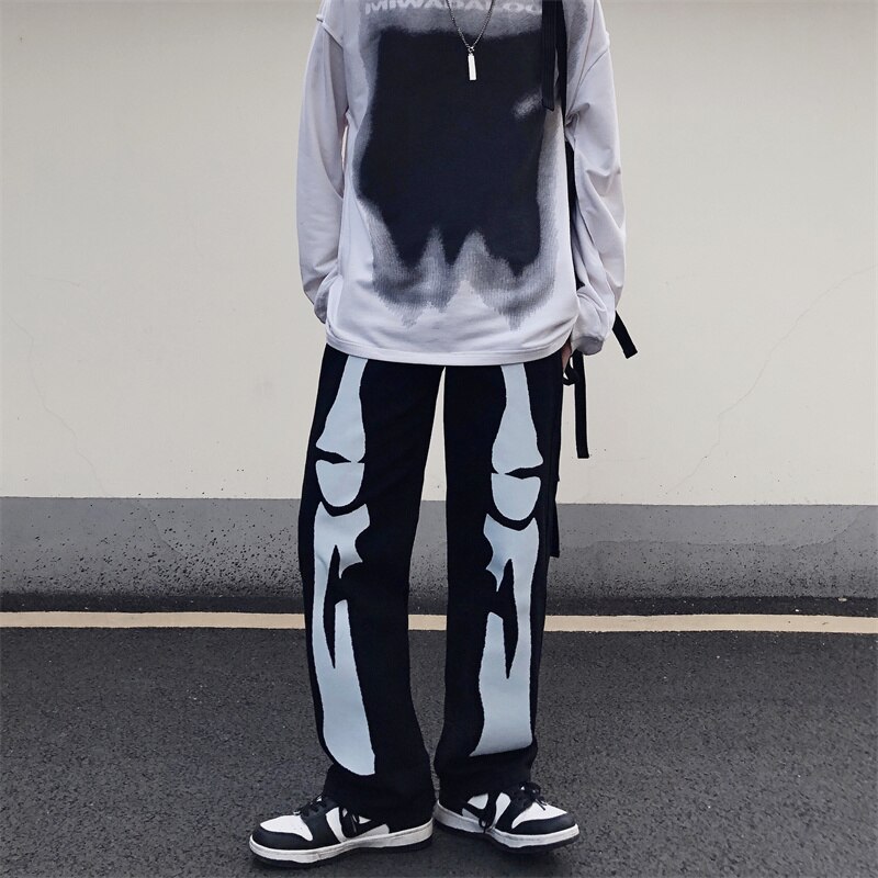 Aesthetic Grunge Jeans Men Skeleton Print Straight... – Grandado