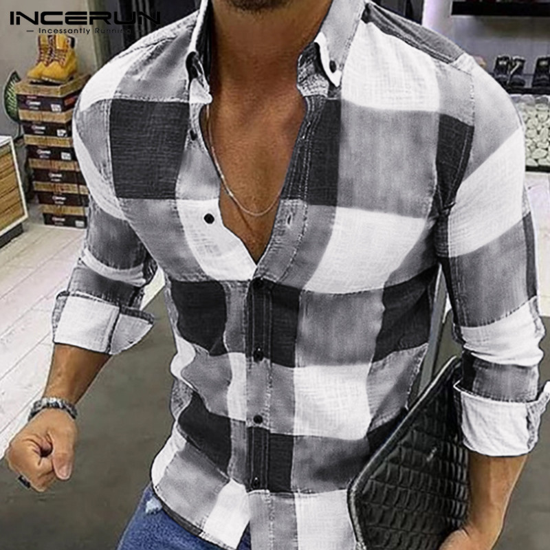 INCERUN Koreaanse Plaid Shirts Mannen Trendy Lange... – Grandado