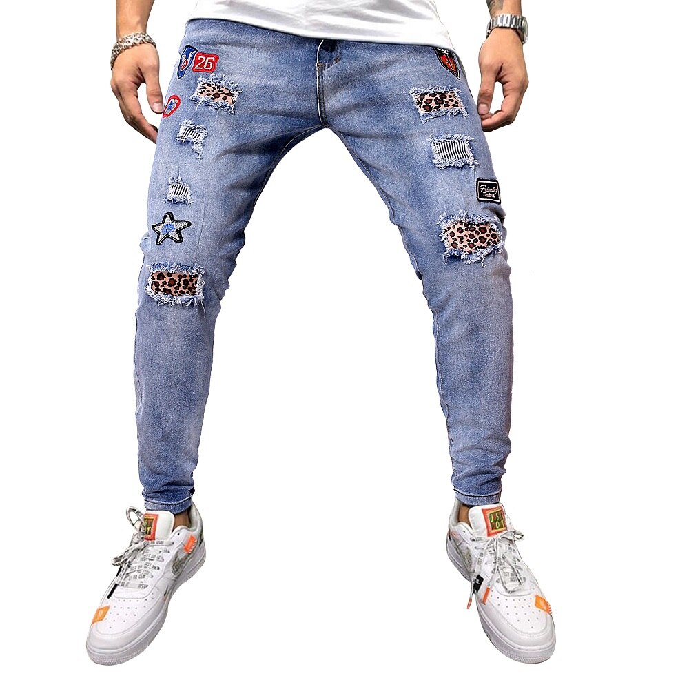 Jeans Men European Men's Sky-blue Ripped Leopard P... – Grandado