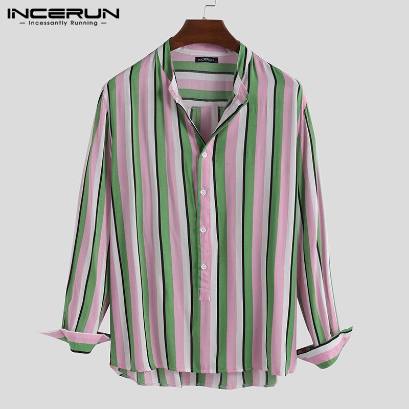 INCERUN Men Striped Shirts Long Sleeve Stand Colla... – Grandado