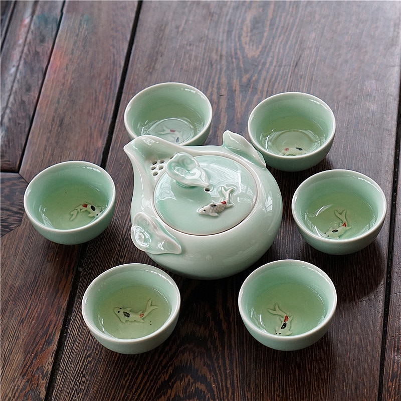 3D Carp Tea Set 1 teapot+6 teacup, Longquan celado... – Grandado
