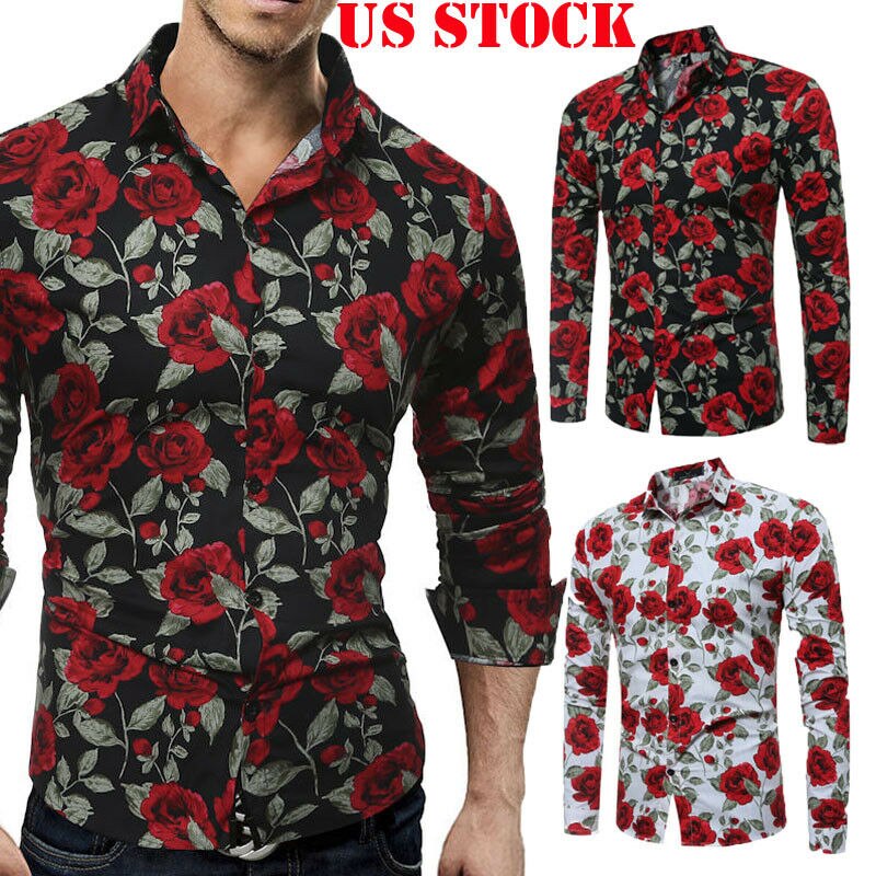 Rose Flower Printed Shirts Men's Luxury Long Sleev... – Grandado