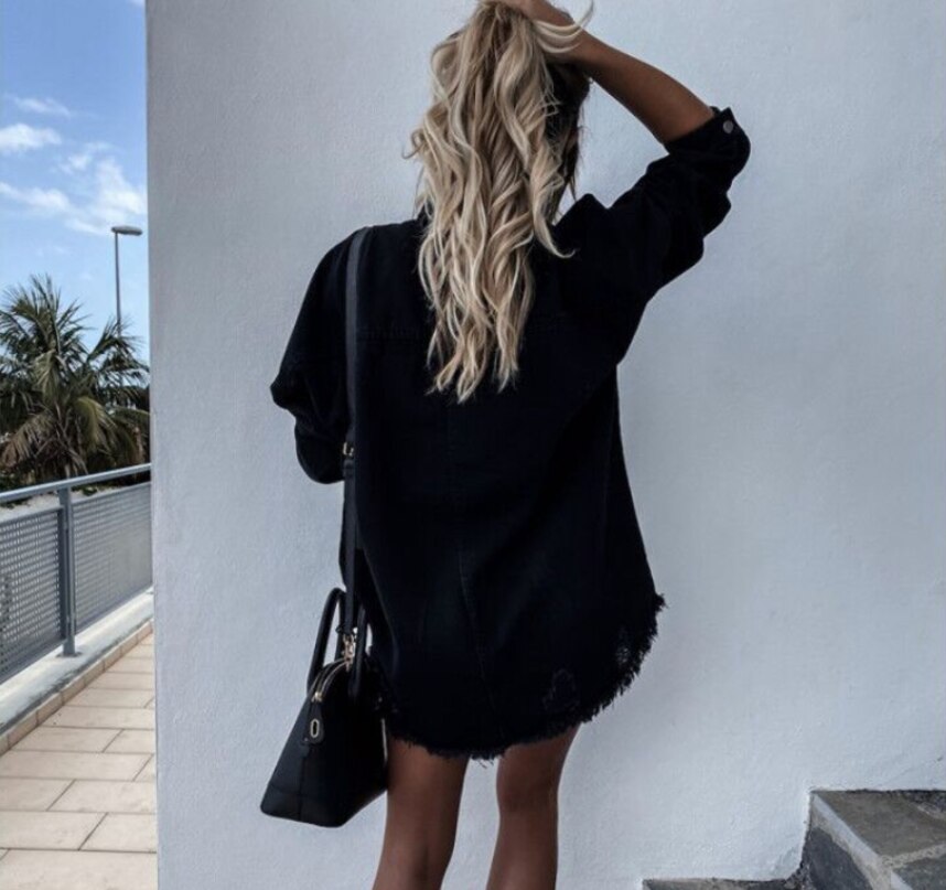 Women Denim Button Shirt Vintage Jean Ripped Hole ... – Vicedeal