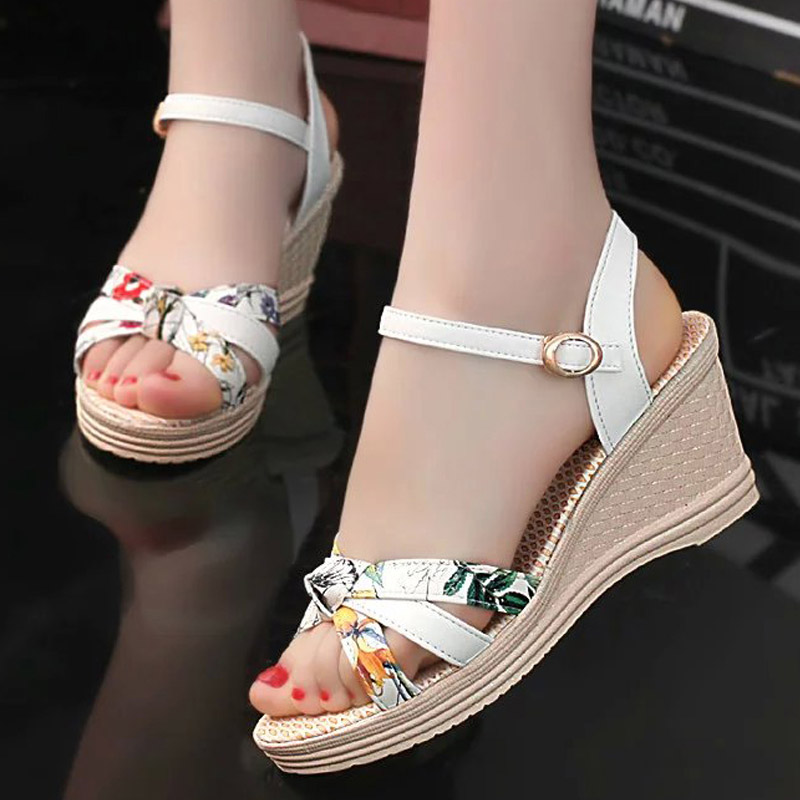 Summer Wedges Sandals Flower Print High Heels Sand... – Grandado