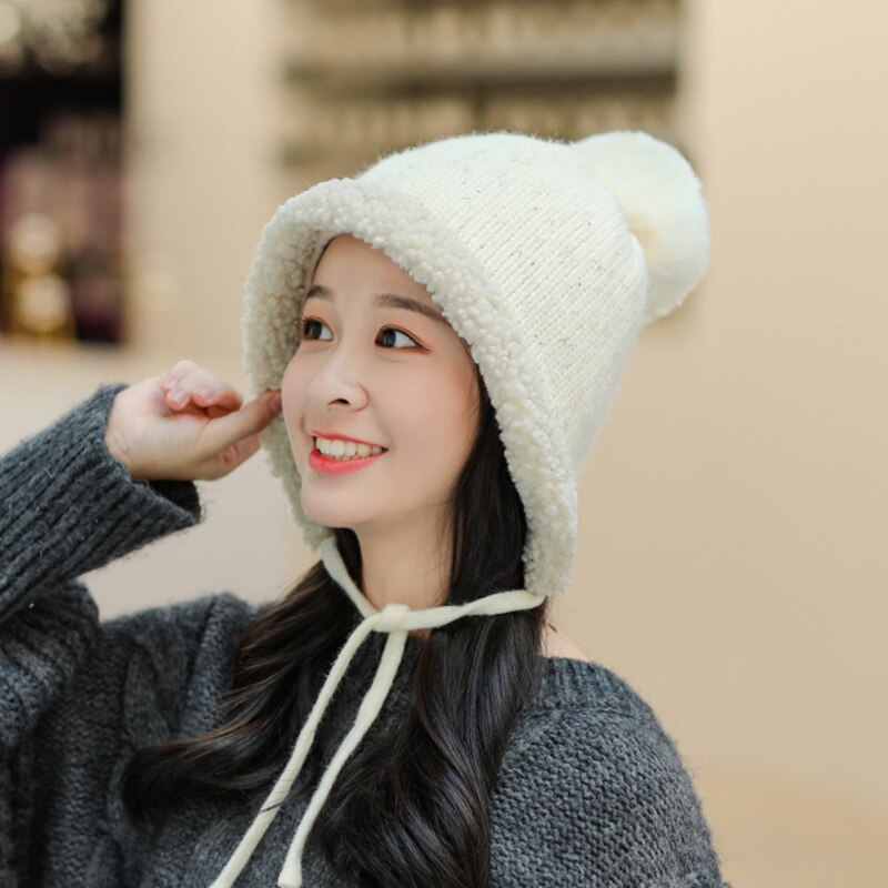 Lamb wool hats women's knitted fleece-lined caps w... – Grandado