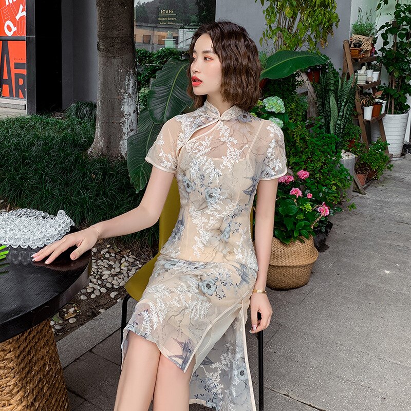 FZSLCYIYI Ladies Satin Silk Qipao Dress Lace Embro... – Grandado