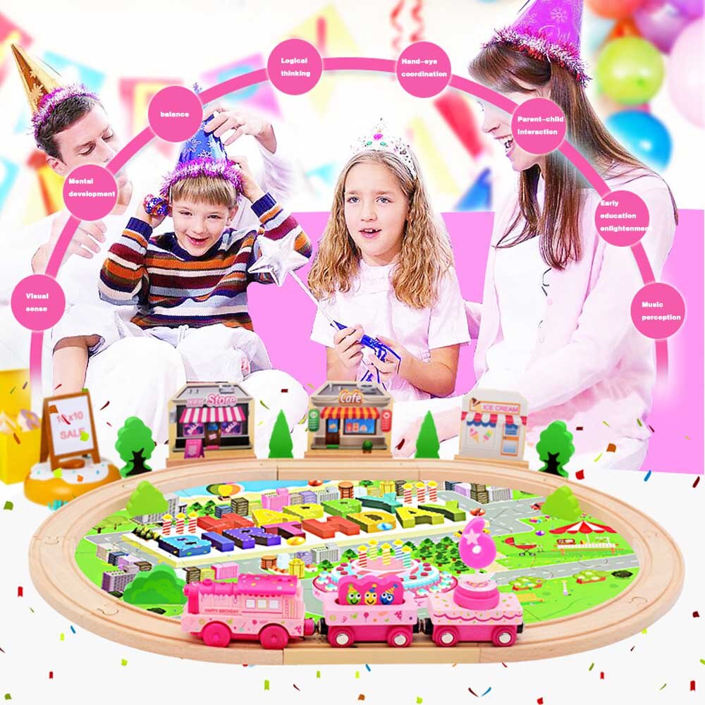 39PC Pink wooden train children birthday Round Rai... – Grandado