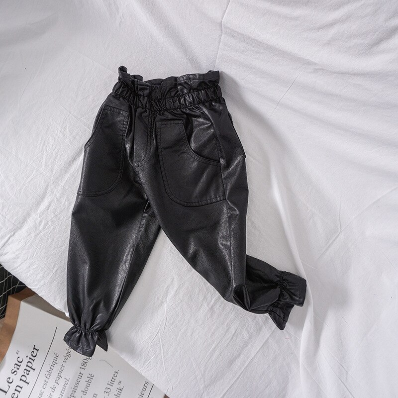 Korean Toddler Girls Long Black PU Pants Winter St... – Grandado