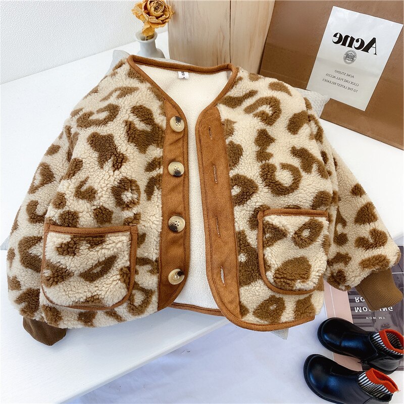 Girls Coat Leopard Print Lamb Wool Plus Velvet Thi... – Grandado