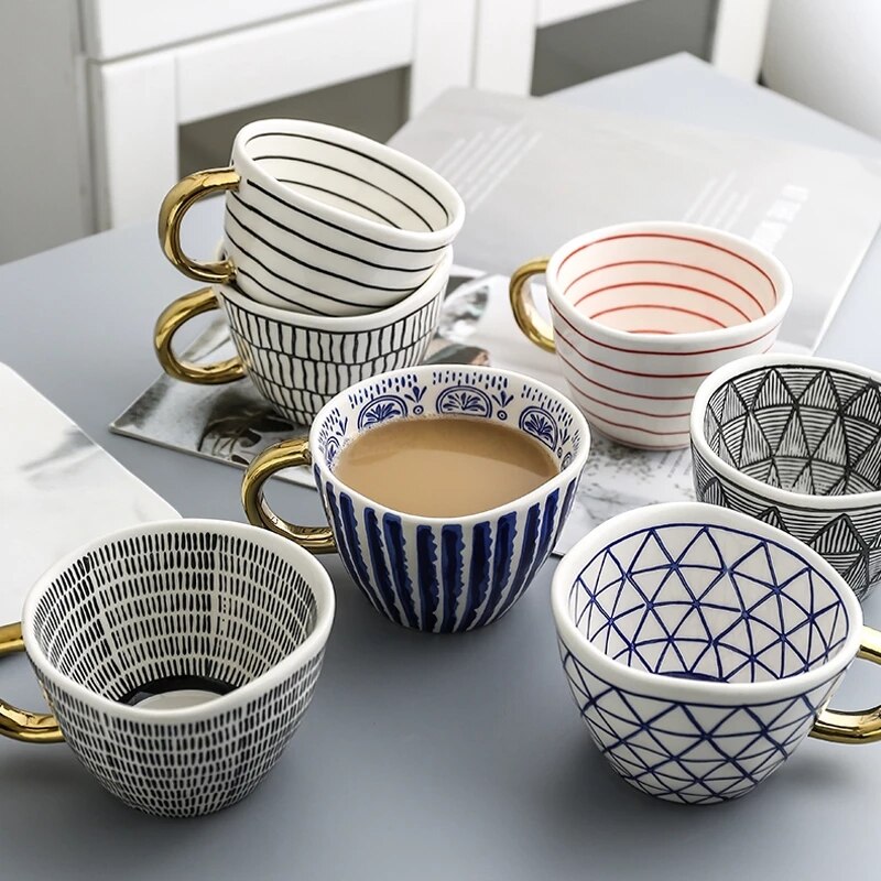 Geometric Ceramic Mugs With Gold Handle Handmade C... – Grandado