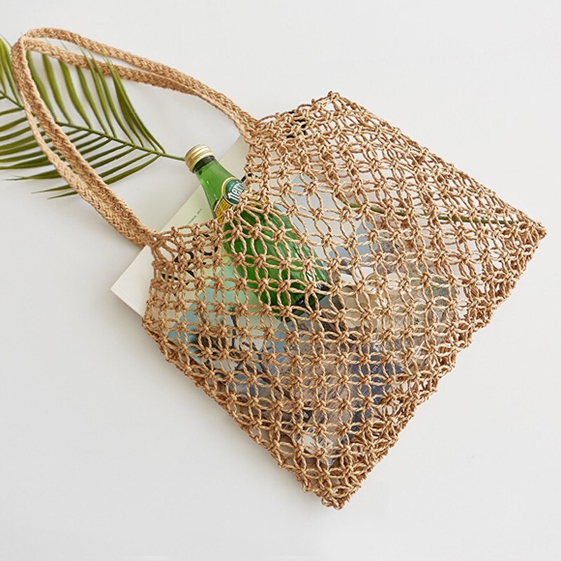 Hand-woven Hollowwork Straw Bag Paper Rope Grid Wi... – Grandado