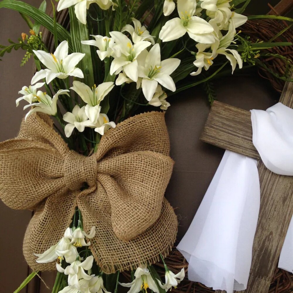 Easter Wreath with Cross Burlap Bow Rustic Grapevi... – Grandado
