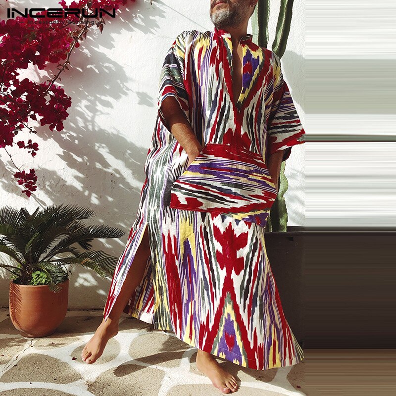 INCERUN Muslim Kaftan Men V Neck Printed Half Slee... – Grandado