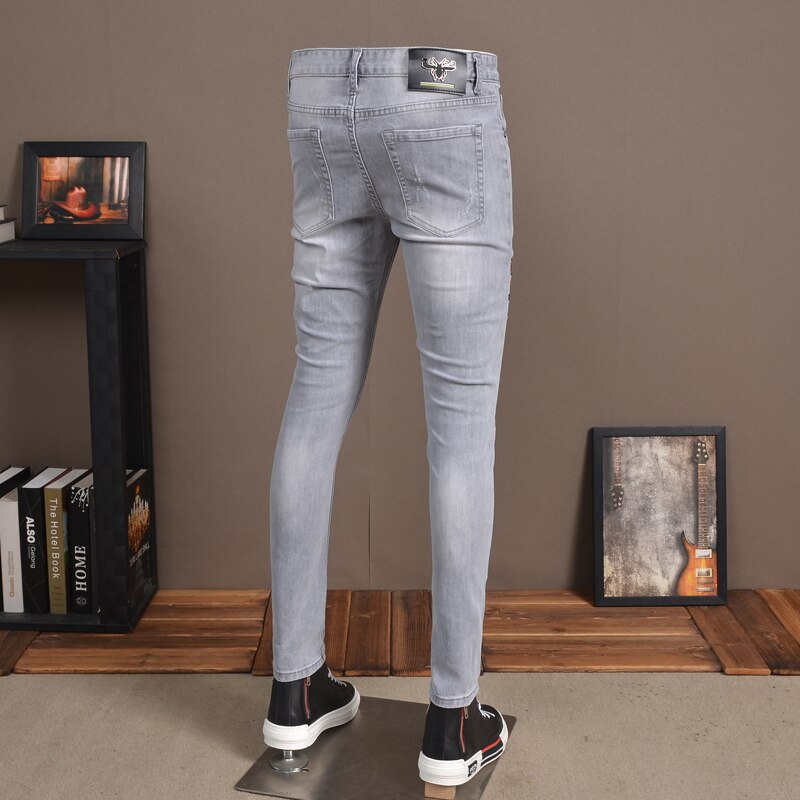 Summer Gray Jeans Men Letter Embroidered Ripped St... – Vicedeal