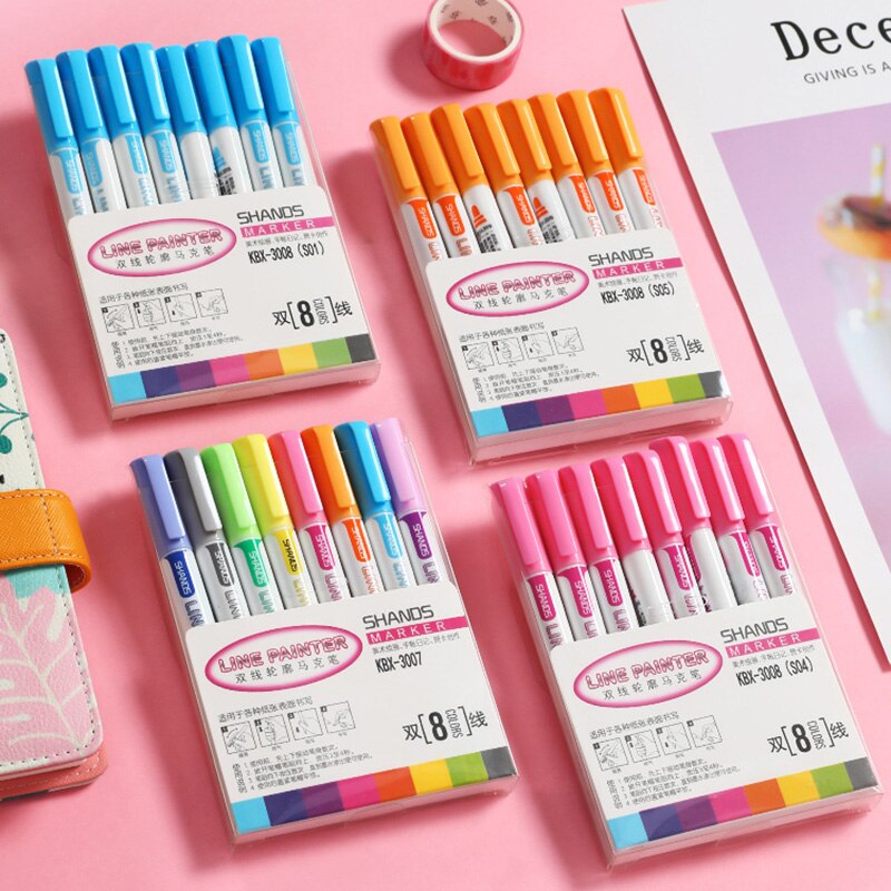8 Pcs Double Line Contour Pen Color Marker Pen Stu... – Vicedeal