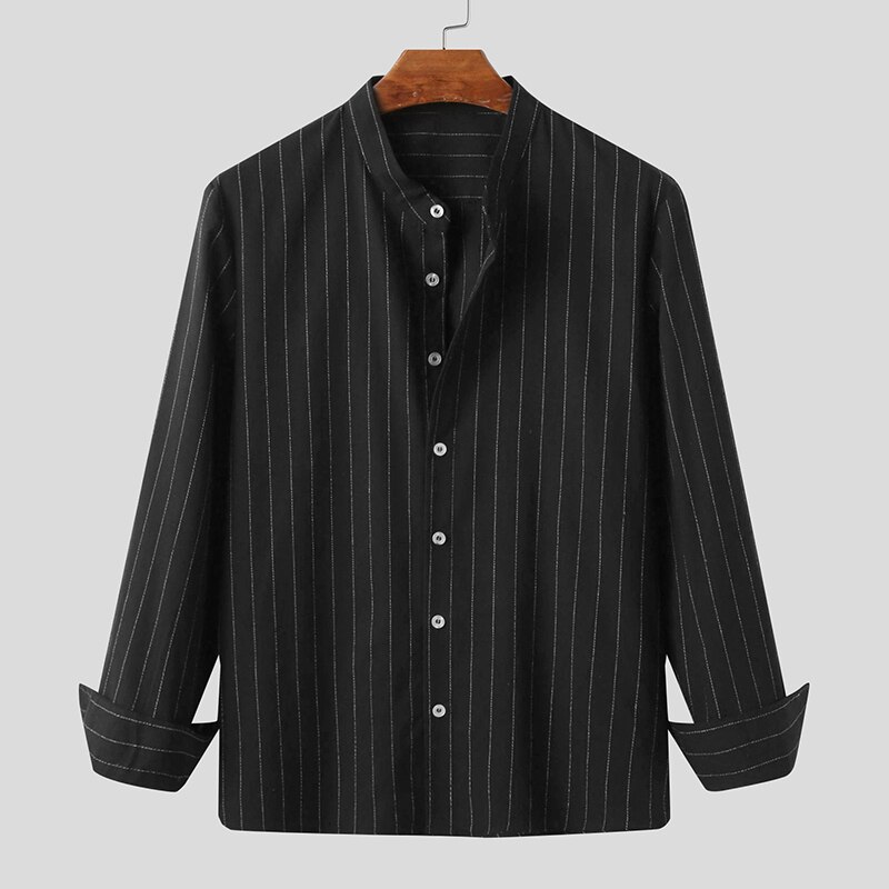 INCERUN Men Casual Shirt Striped Long Sleeve Stand... – Grandado