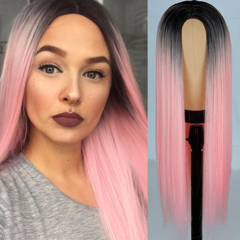 Pink Green Long Straight Hair Synthetic Wig For Wo... – Vicedeal