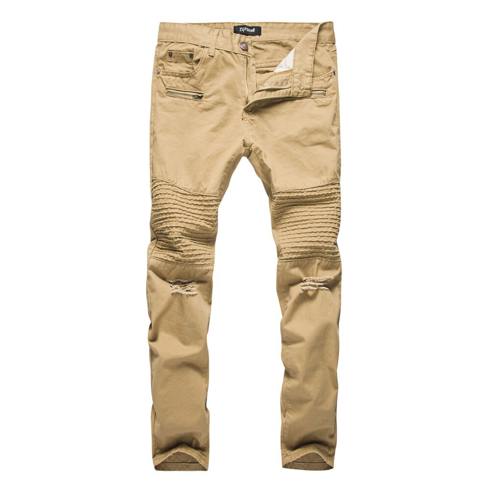 Men's Khaki Pleated Ripped Leisure Slim Denim Trou... – Vicedeal