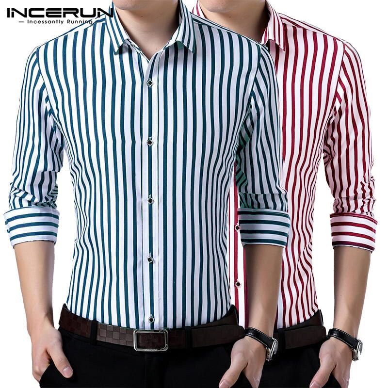INCERUN Men Striped Shirt Long Sleeve Turn Down Co... – Grandado