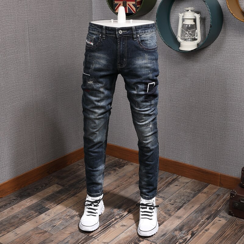 Style Men Jeans Blue Color Elastic Slim Fit Ripped... – Grandado