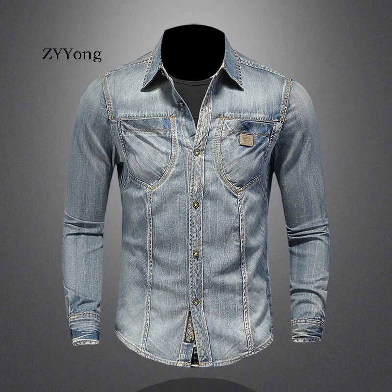 Zyyong Mode Revers Lange Mouwen Heren Denim Shirt ... – Grandado